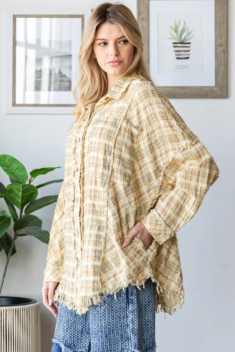 Oli & Hali- Washed Plaid Button Down Top (Light Honey)