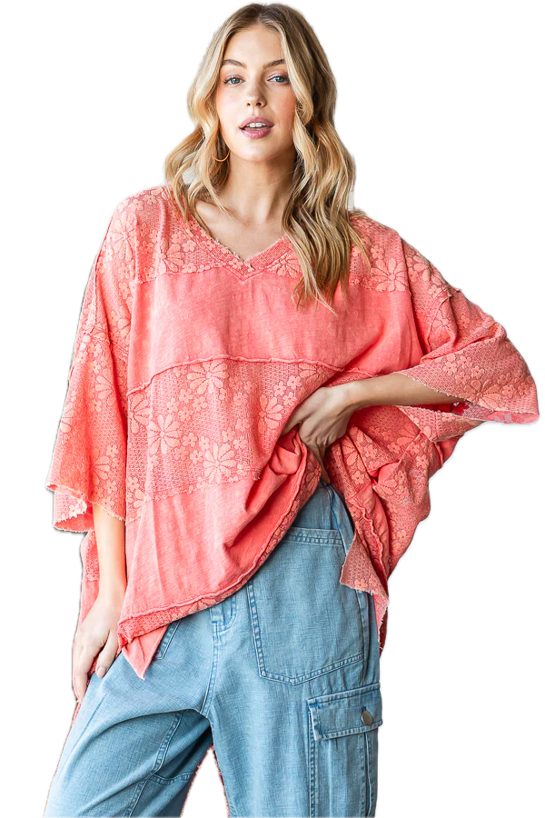 Oli & Hali- Lace Mix Frayed Hem Box Top (Tomato) *Final Sale*