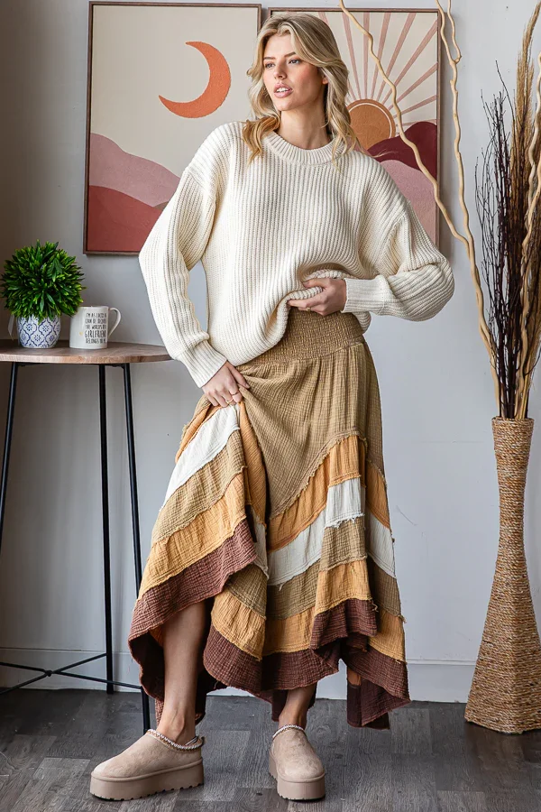 Product: Oli & Hali- Washed Tiered Flare Skirt (Brown) *Final Sale*