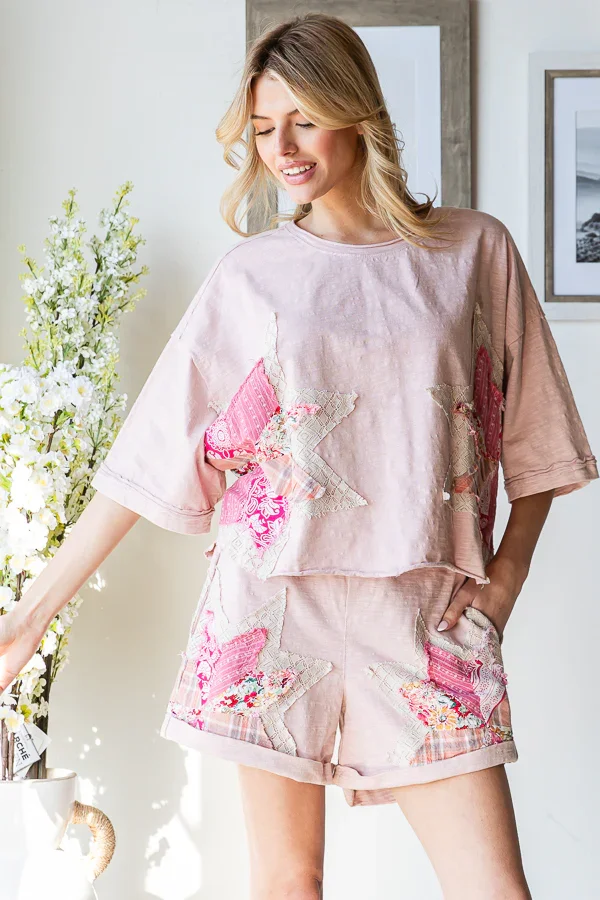 Oli & Hali- Multi-Print Star Patch Top (Pink) *Final Sale*