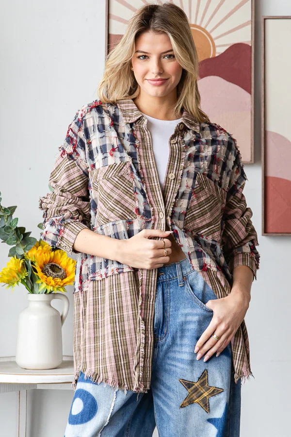 Product: Oli & Hali- Washed Plaid Button Down Distressed Top (Pink Combo) *Final Sale*