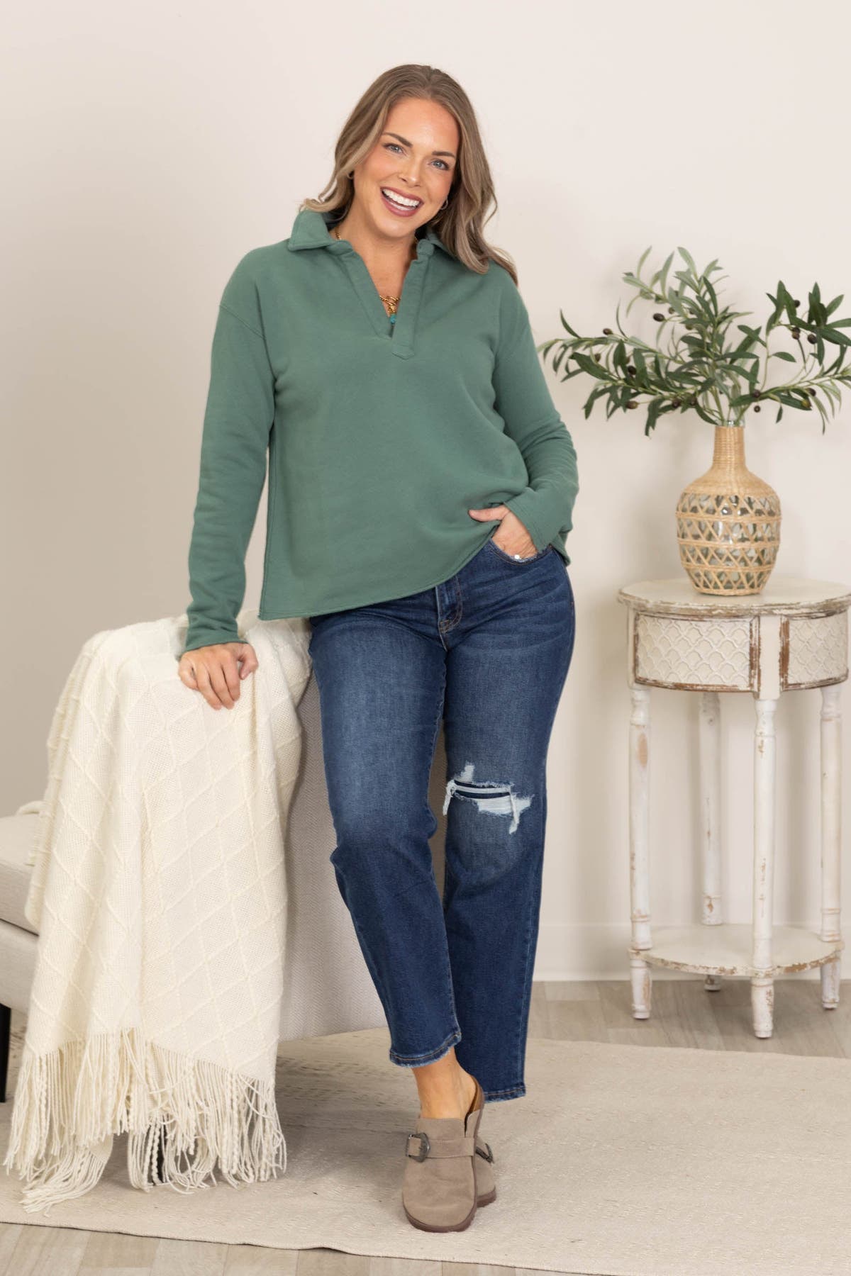 Raw Edge French Terry Top With V-Neck