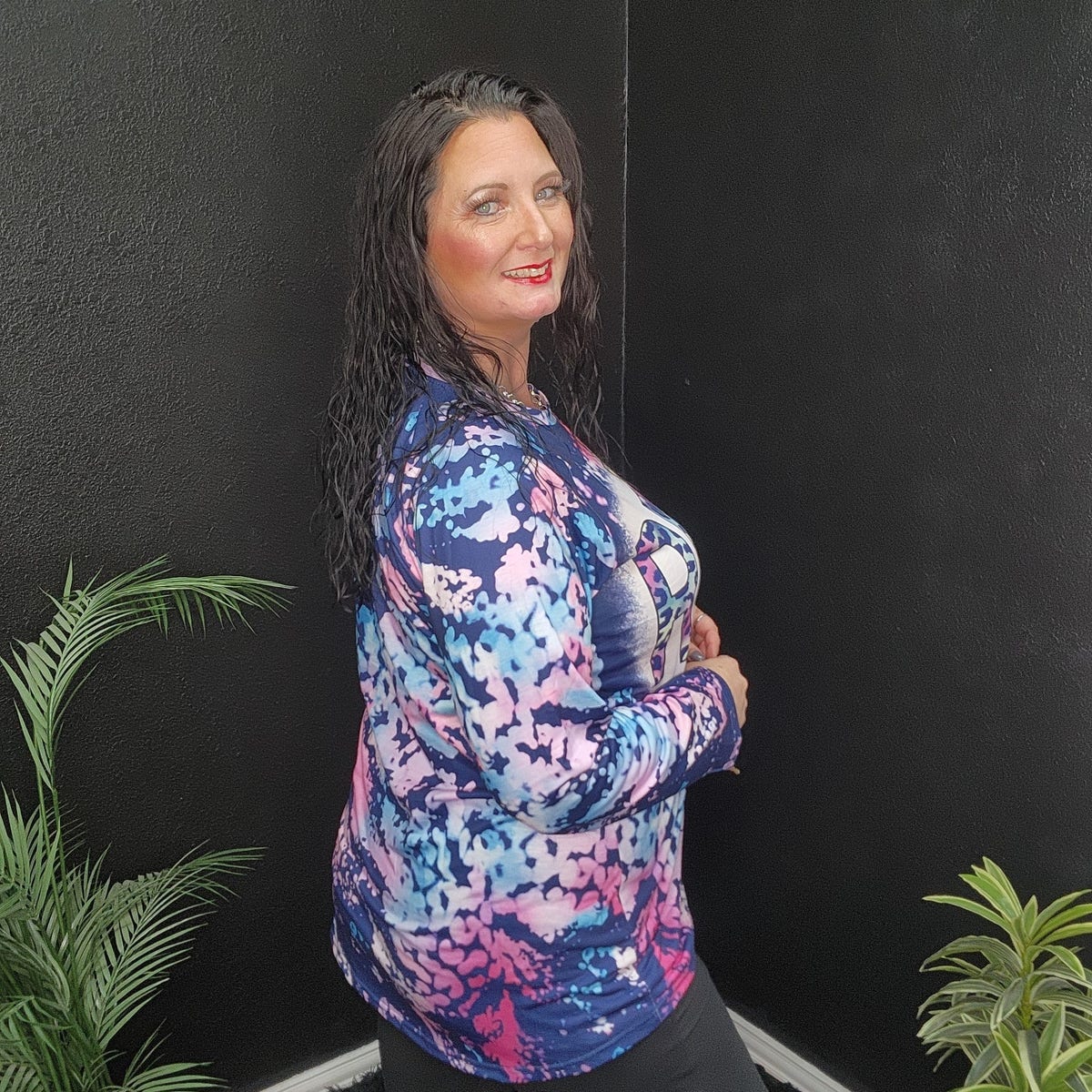 Rebel Raven Black Pink Blue Rebel Hi Low LS Top