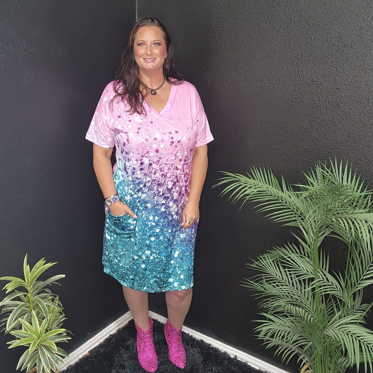 Rebel Raven Pink & Turquoise Glitter Print SS Midi Dress