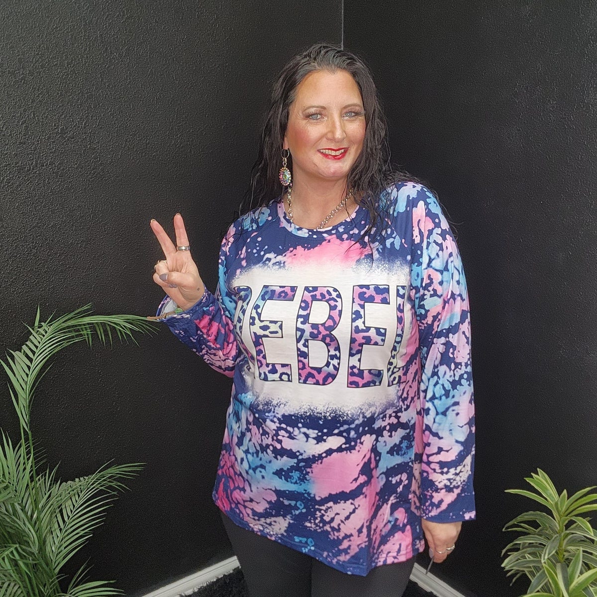 Rebel Raven Black Pink Blue Rebel Hi Low LS Top