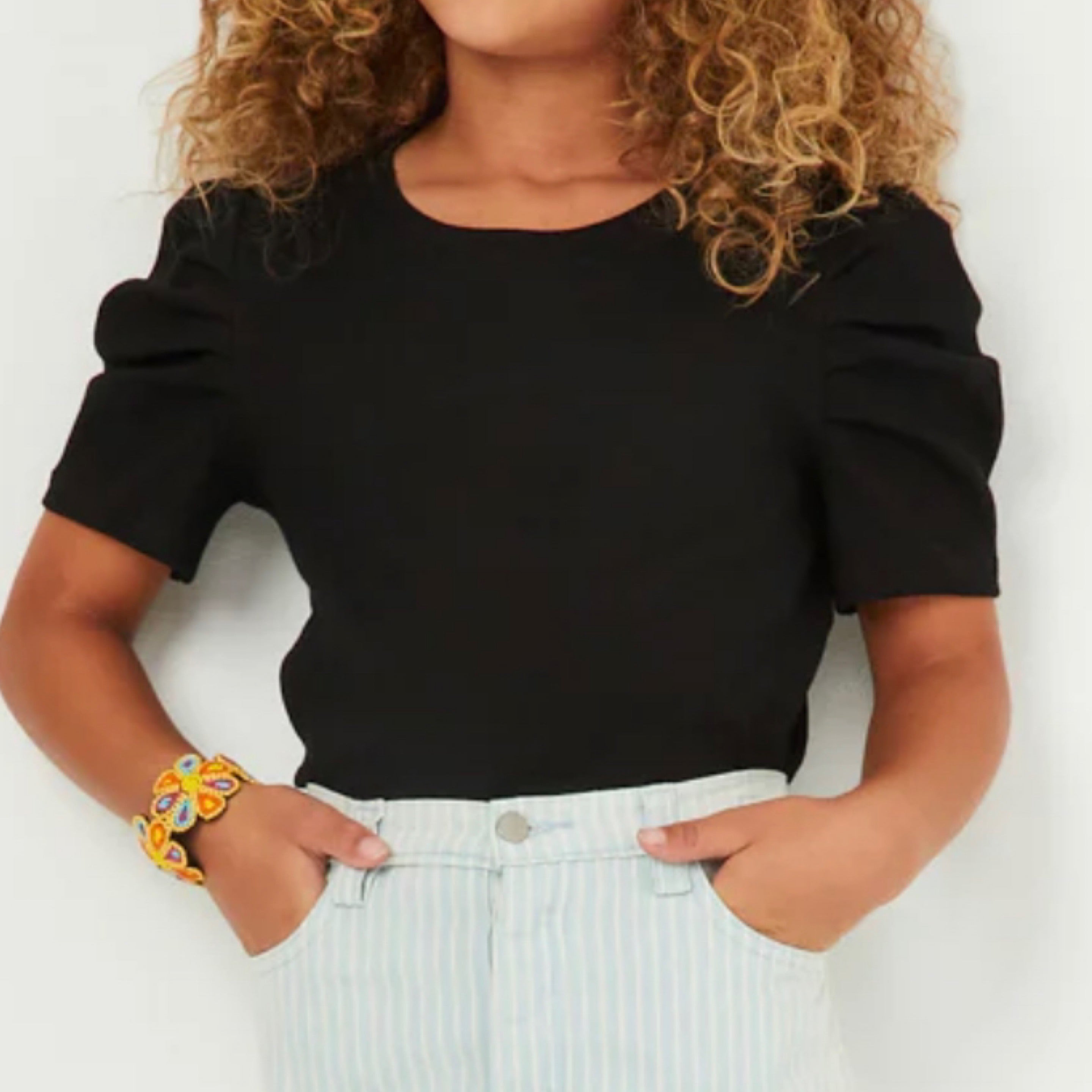 Product: “Aria” Tween Ribbed Pleated Shoulder Puff Top